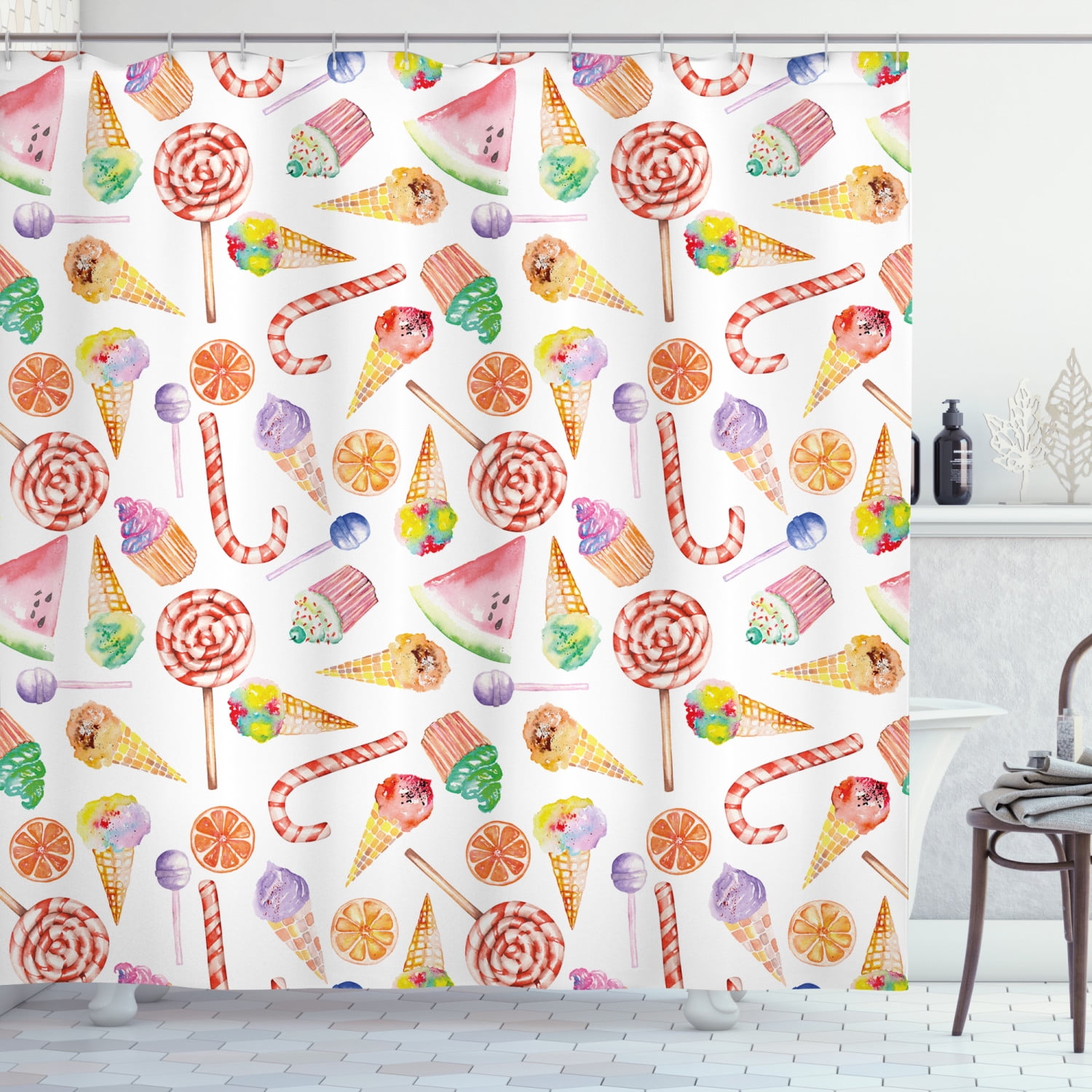 Ambesonne Colorful Shower Curtain, Yummy Candies Cakes, 69"Wx70"L ...