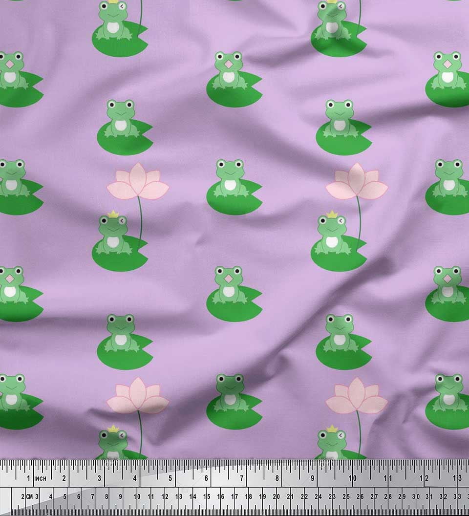 Soimoi Japan Crepe Satin Fabric Lotus & Frog Kids Print Fabric by The ...