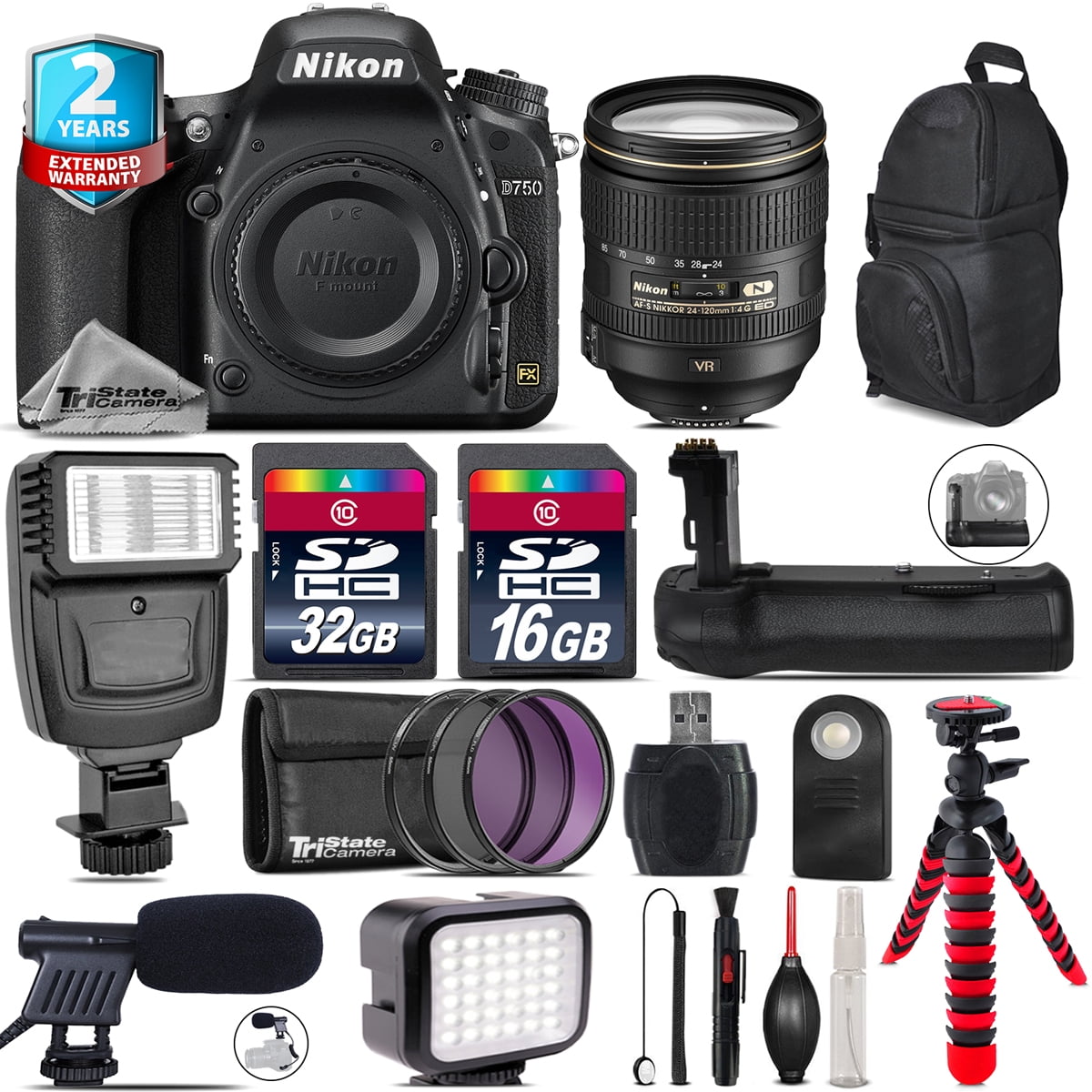 Nikon D750 DSLR Camera + AFS 24-120mm VR + LED Kit + Mic + Battery Grip ...