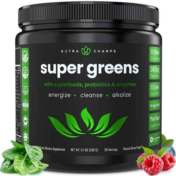 Nutra Champs Super Greens (with superfoods, probiotics & enzymes) | 30 Servings | 9.1 oz (258g ...