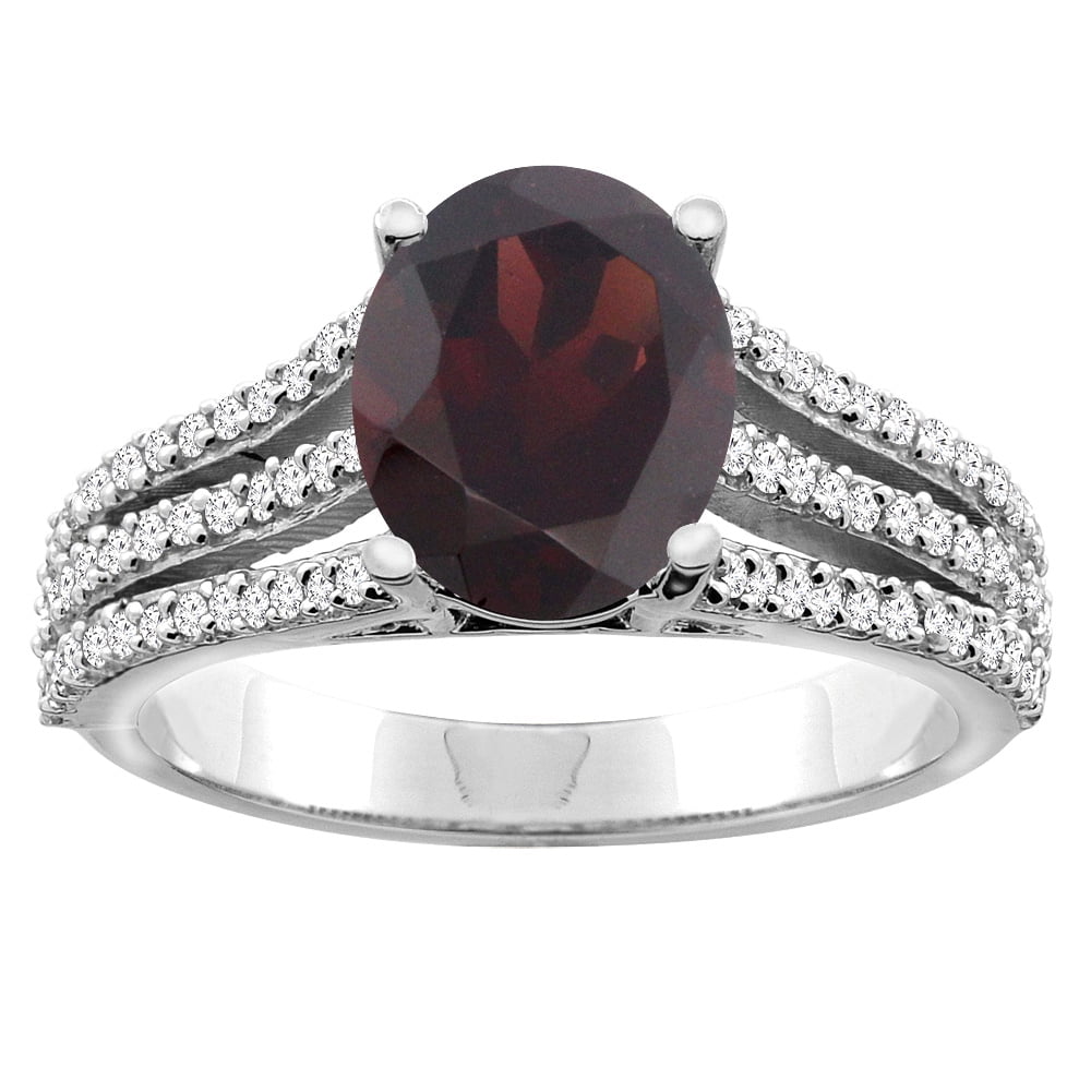 10K White Gold Natural Garnet Tri-split Ring Oval 9x7mm Diamond Accents ...