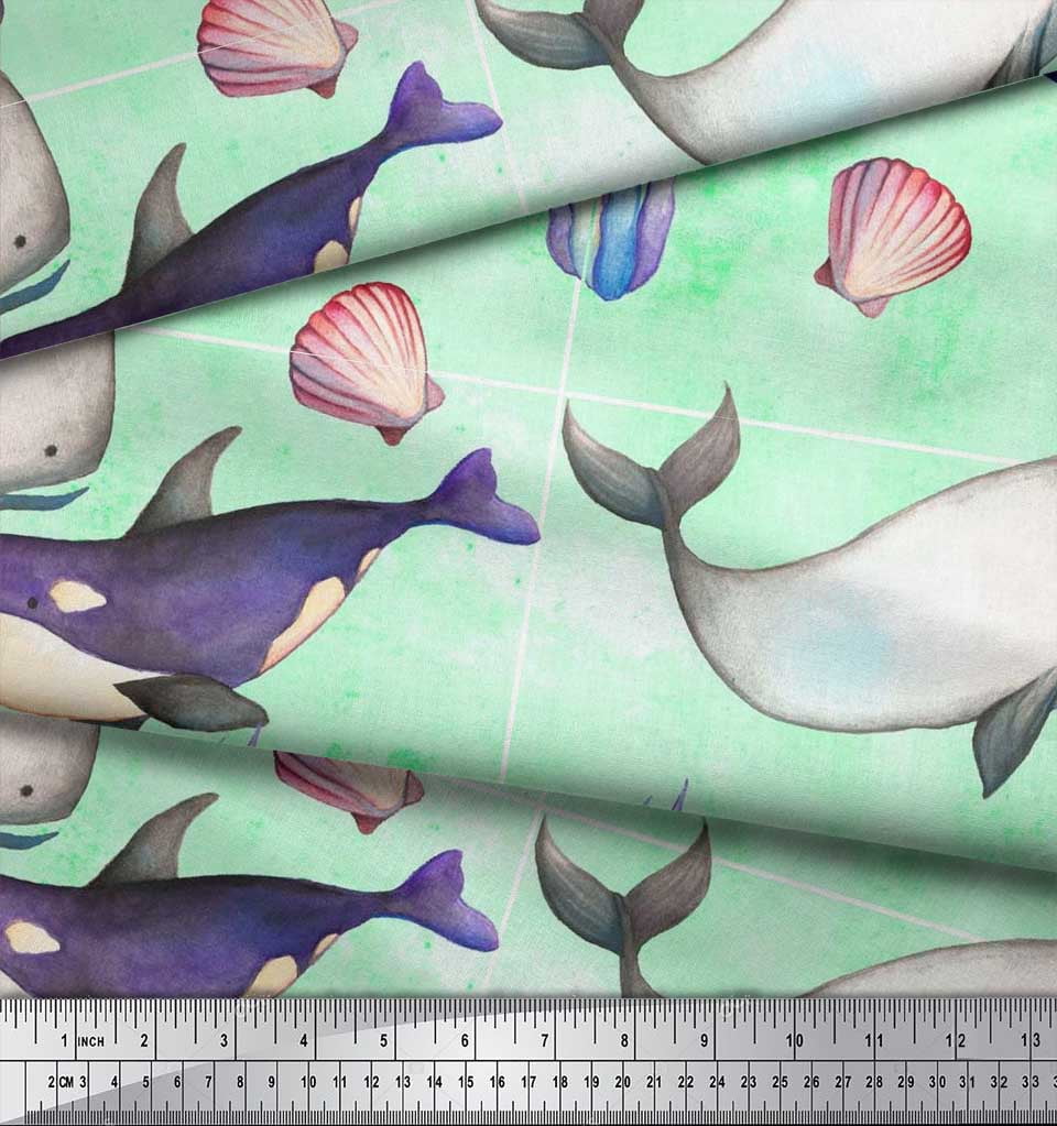Soimoi Silk Fabric Shell & Whale Fish Ocean Print Fabric by the Yard 42 ...