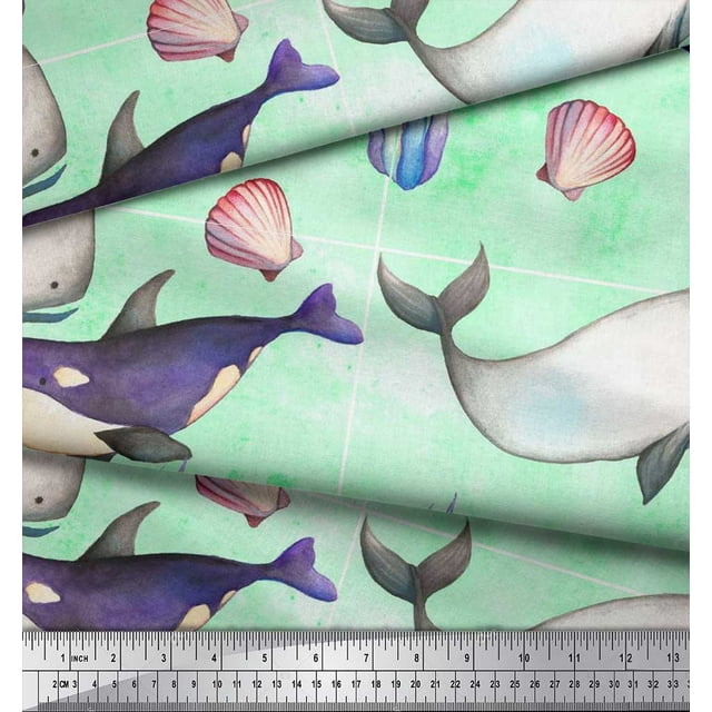 Soimoi Silk Fabric Shell & Whale Fish Ocean Print Fabric by the Yard 42 ...