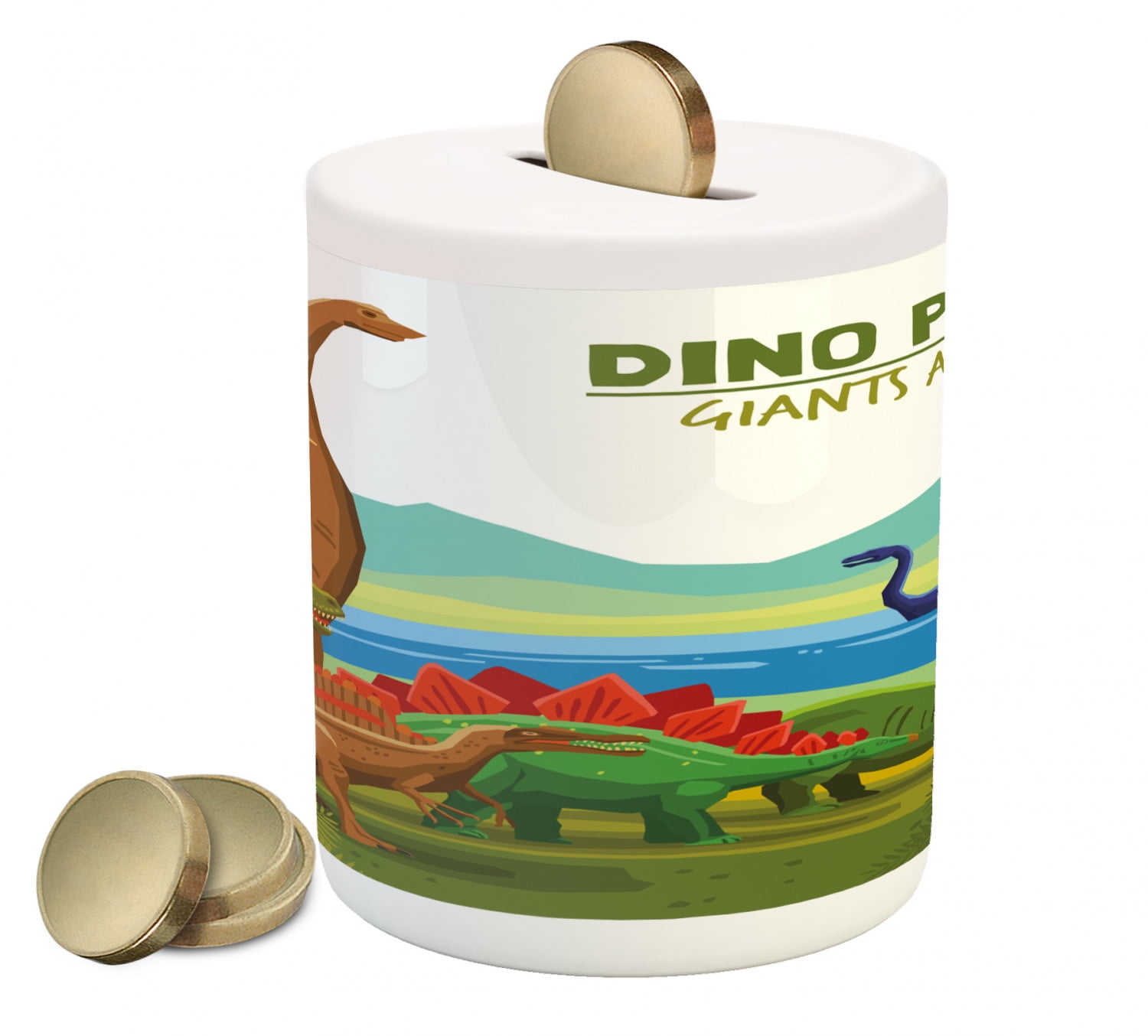 Dinosaur Piggy Bank, Flying Swimming and Land Dinosaurs with Lake and ...