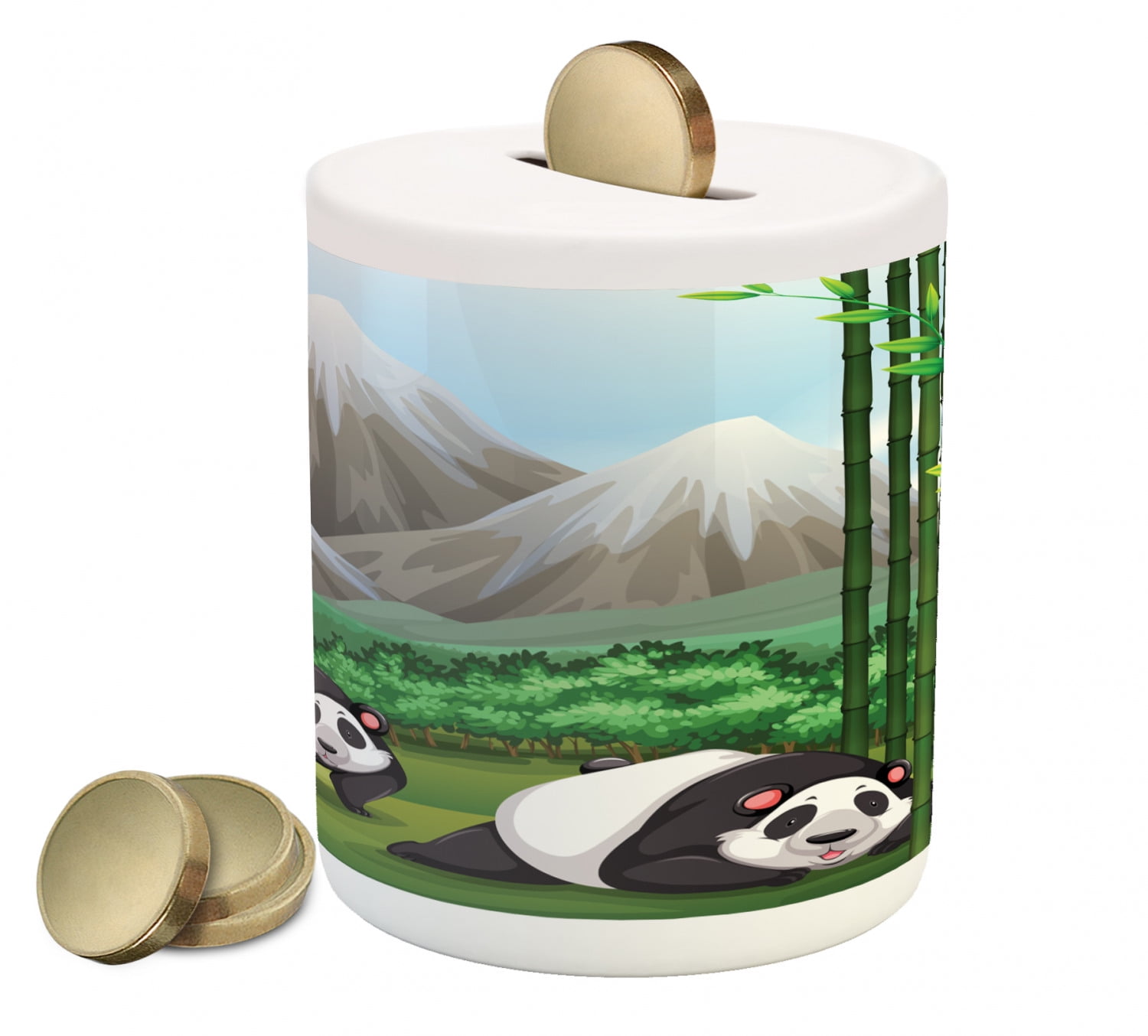 Tropical Piggy Bank, Panda Bears Walking Among Bamboo Majestic Mountain ...