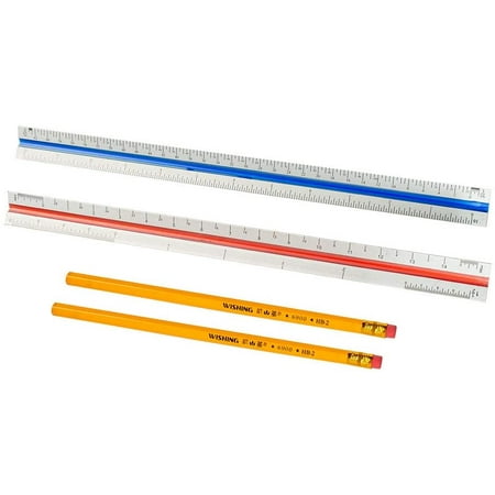 12" Architectural Scale Ruler and Pencil, Aluminum Color-Coded Grooves Triangular Scale Laser ...