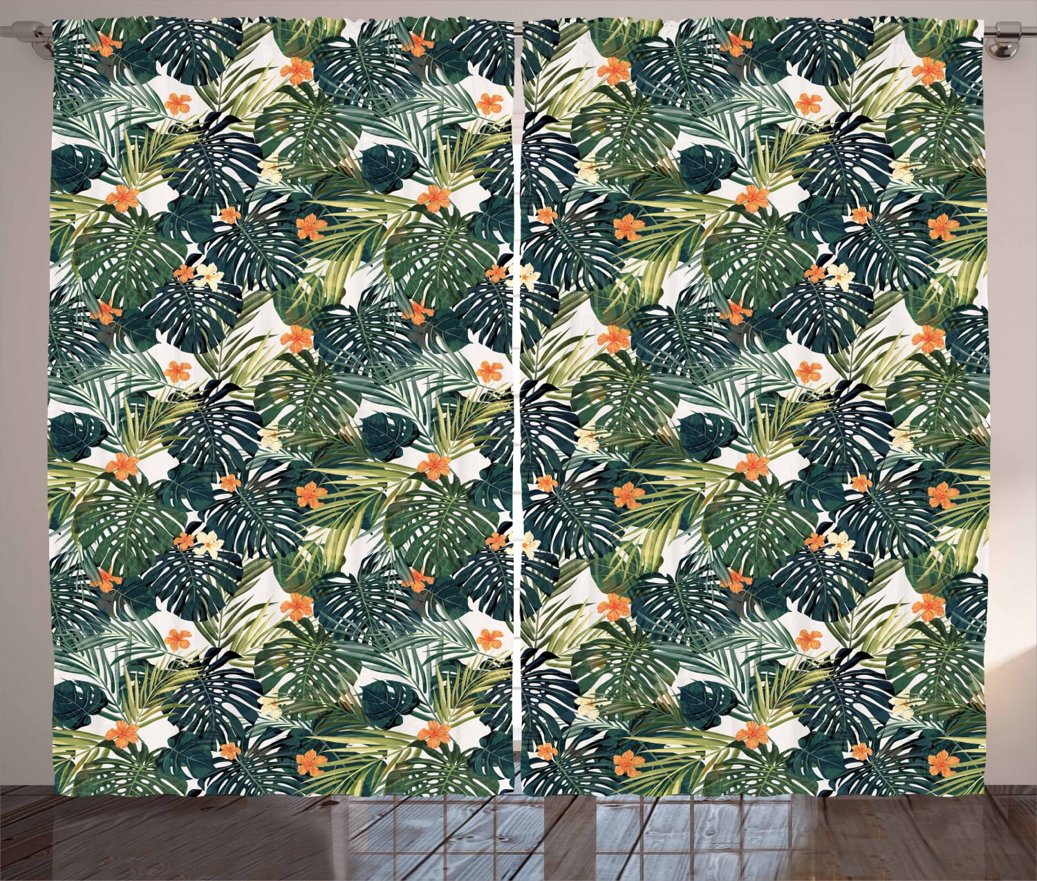 Green Curtains 2 Panels Set Hawaiian Summer Aloha Pattern With