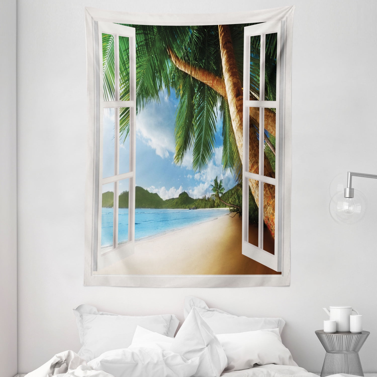 Beach Tapestry, Nautical Theme Window View of Palm Trees on Sand Beach ...
