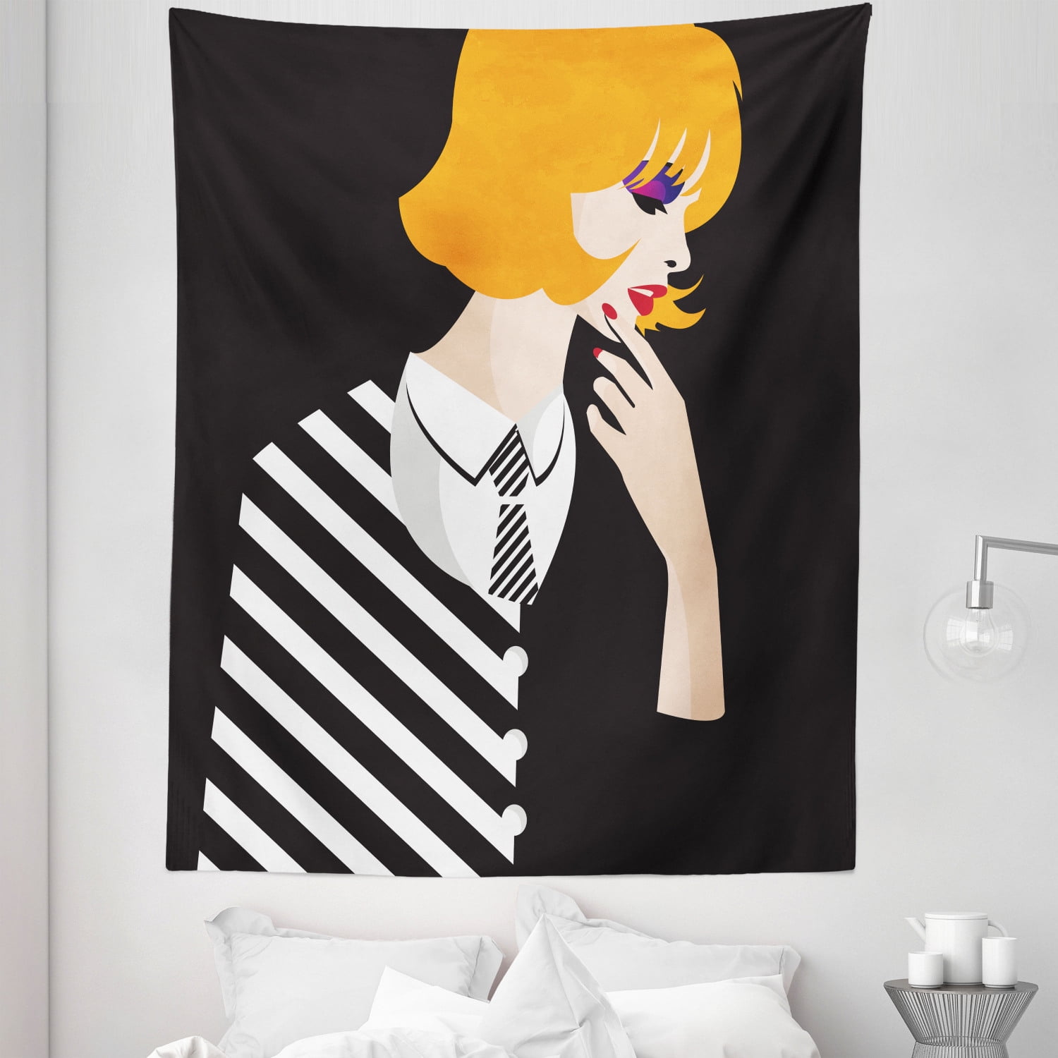 Women Tapestry, Colorful Modern Illustration of Ginger Lady in Striped ...