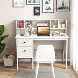 "Costway 48"" White Wooden Office Computer Desk with Power Outlets, 5 ...