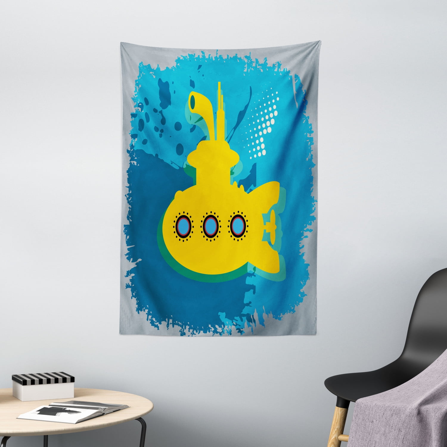 Yellow Submarine Decor Tapestry, An Illustration of a Submarine Bubbles ...