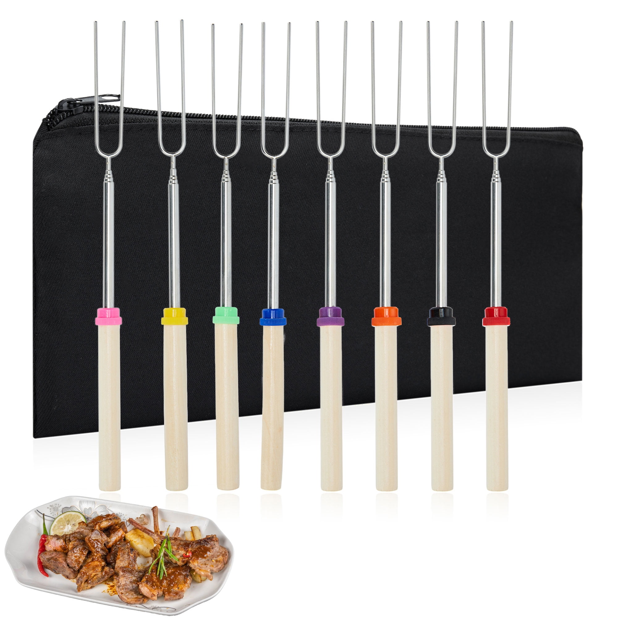 Wacanda 8PCS Retractable Barbecue Fork Set With Wooden Handle ...