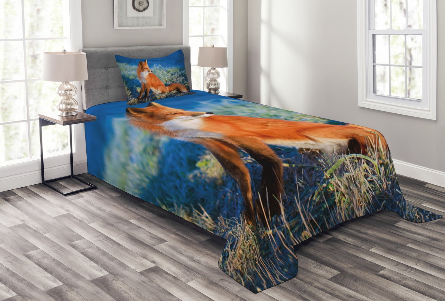 Ambesonne Fox Quilted Bedspread Set 2 Pcs, Serene Cold Autumn Field ...