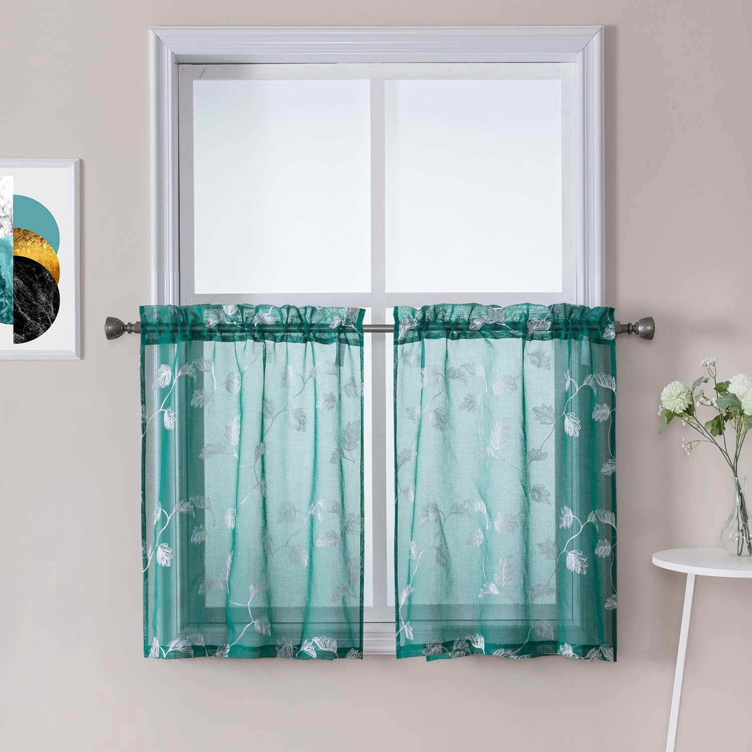 Floral Half Window Voile Kitchen Cafe Curtains, 26" x 30", Teal, Set of ...