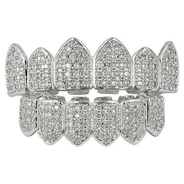 Saintda Real Mouth Diamond Tooth Grillz Set, Top & Bottom, Silver, AAA ...