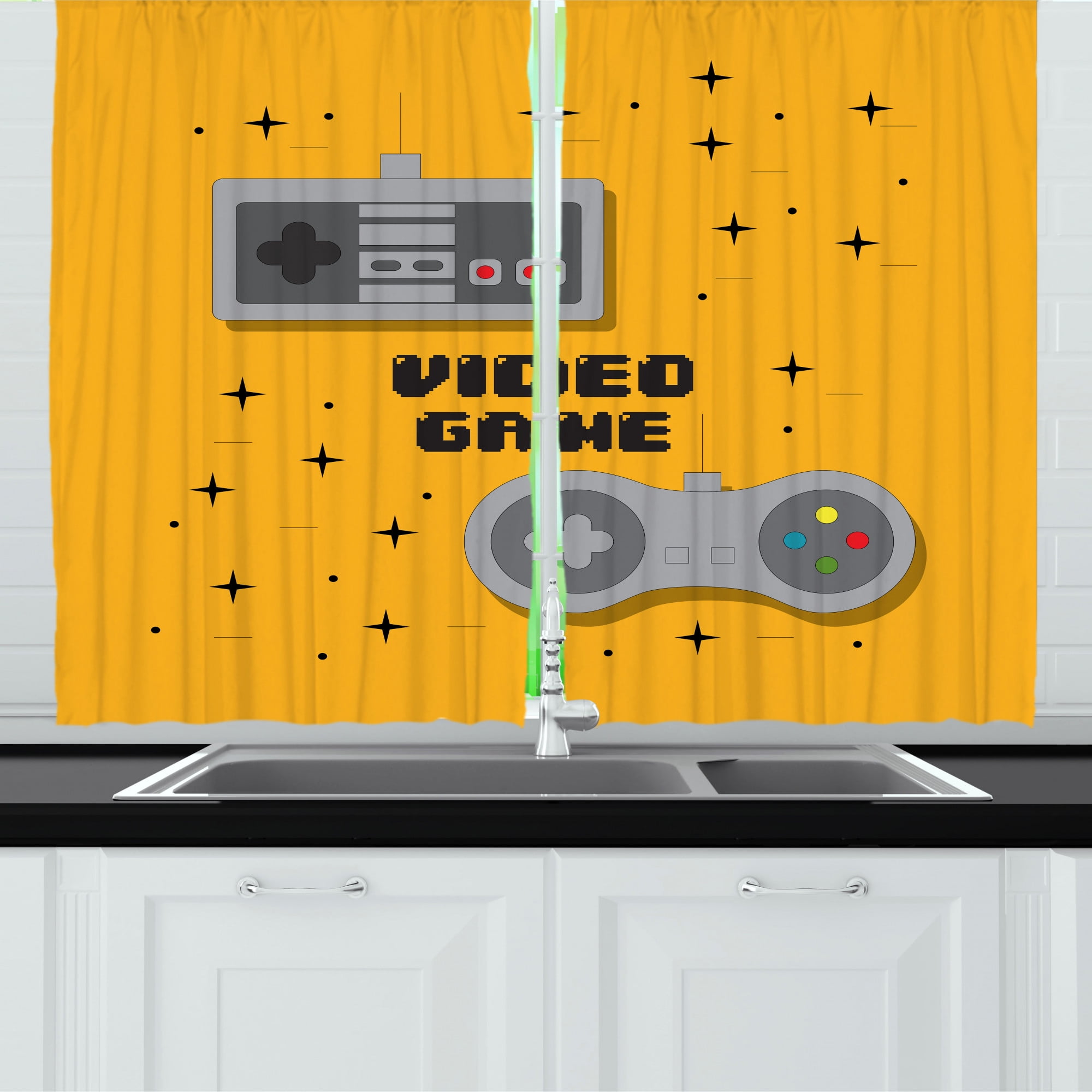Gaming Kitchen Curtains, Video Game Control Buttons Retro Look Pixel ...