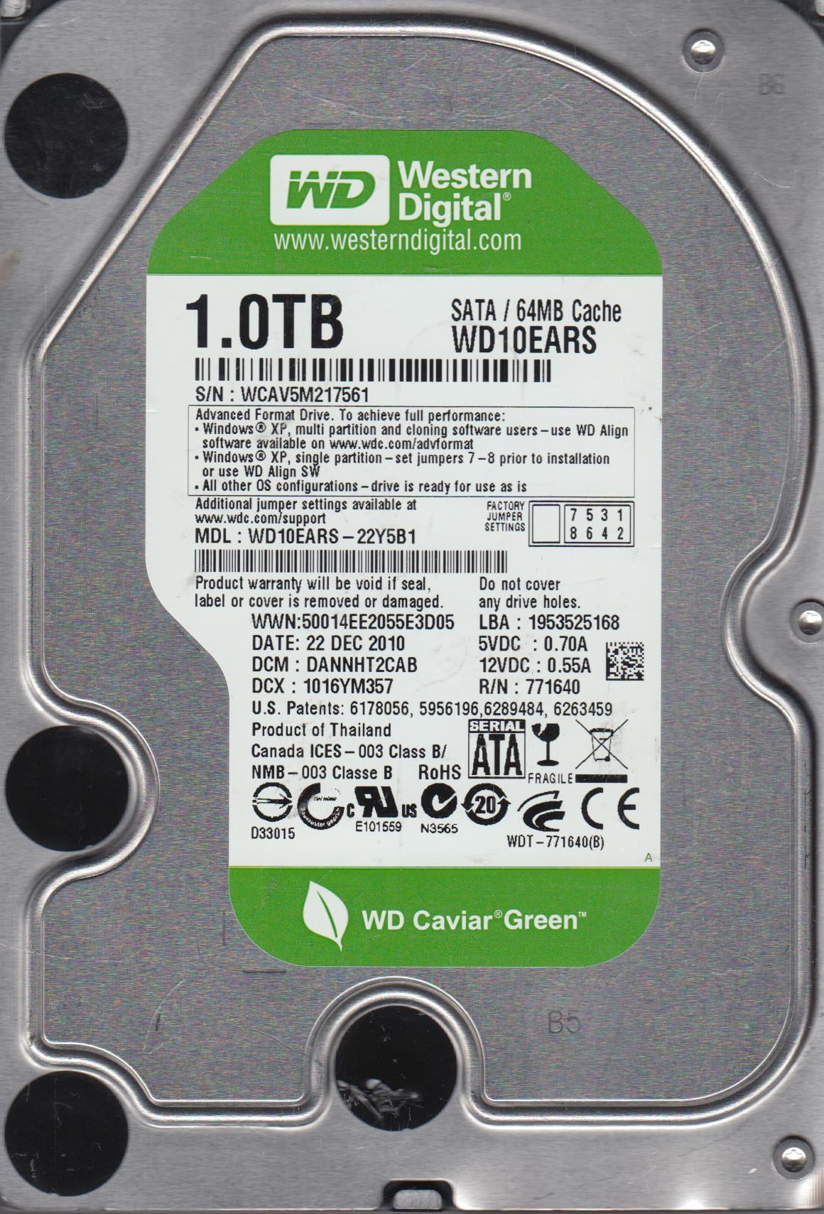 WD10EARS-22Y5B1, DCM DANNHT2CAB, Western Digital 1TB SATA 3.5 Hard ...