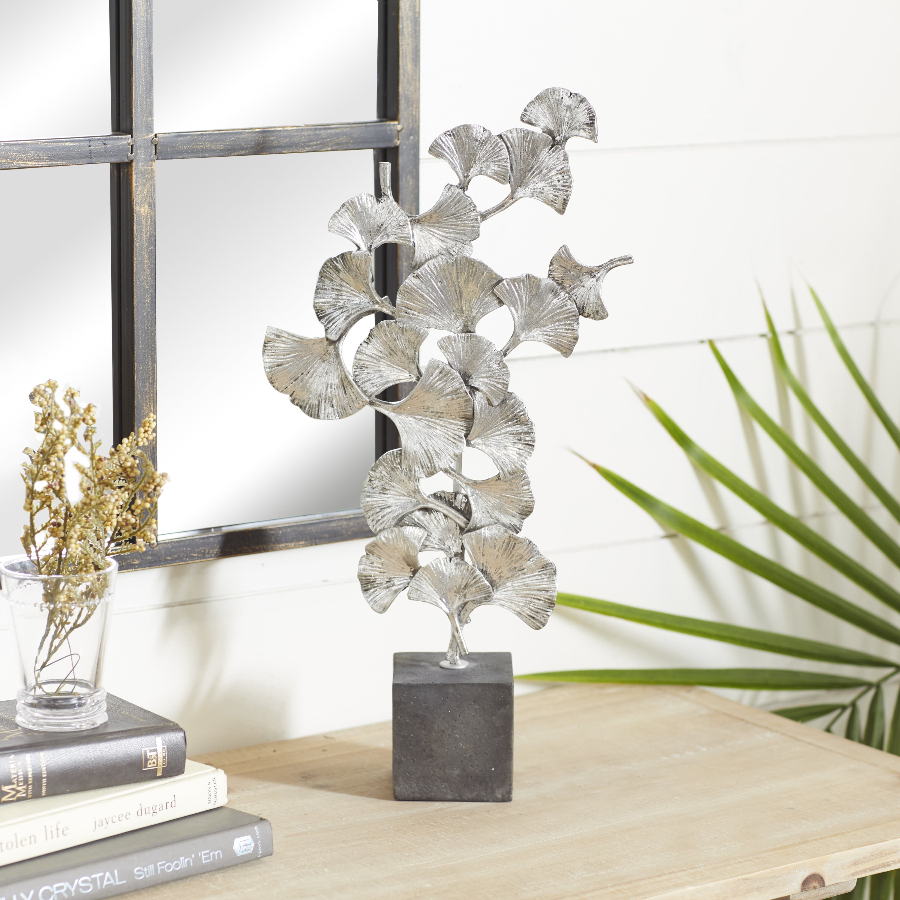 10" x 19" Silver Polystone Floral Sculpture with Black Block Base, by ...
