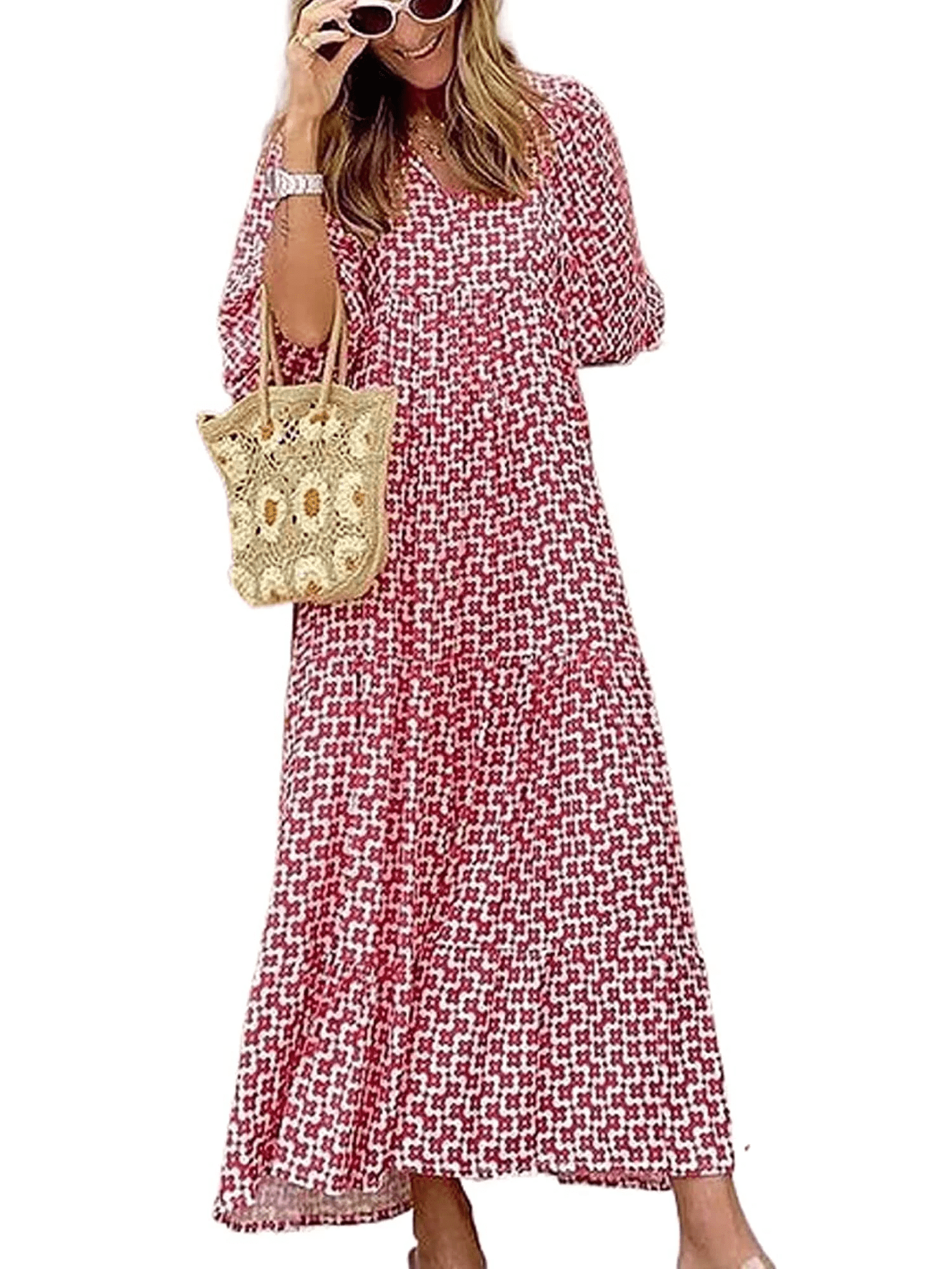 Women Fashion Boho Print Half Sleeve Dress V Neck Strap Loose Splice