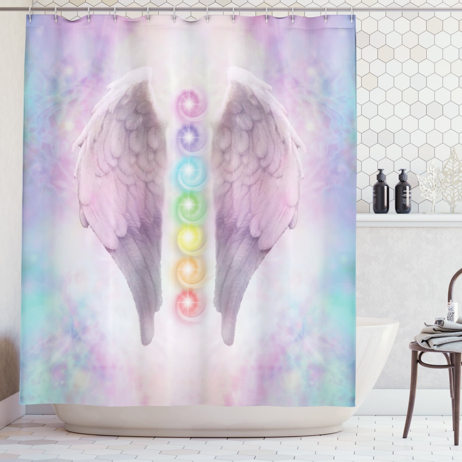 Angel Wings Shower Curtain, Angelic Sacred Chakras Archaic Zen Yoga ...