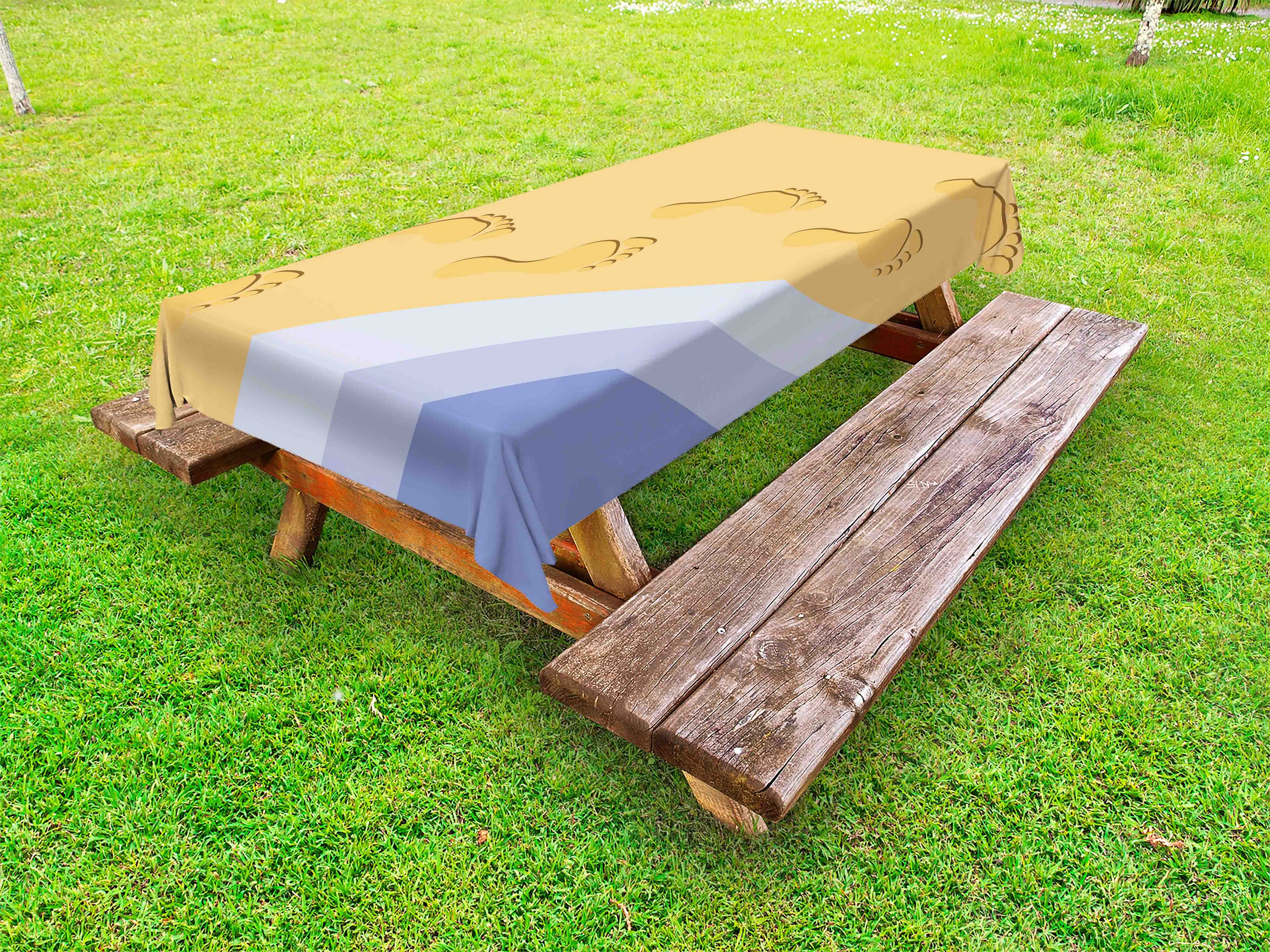 Modern Outdoor Tablecloth, Footprints Sand Realistic Print Near Ocean ...