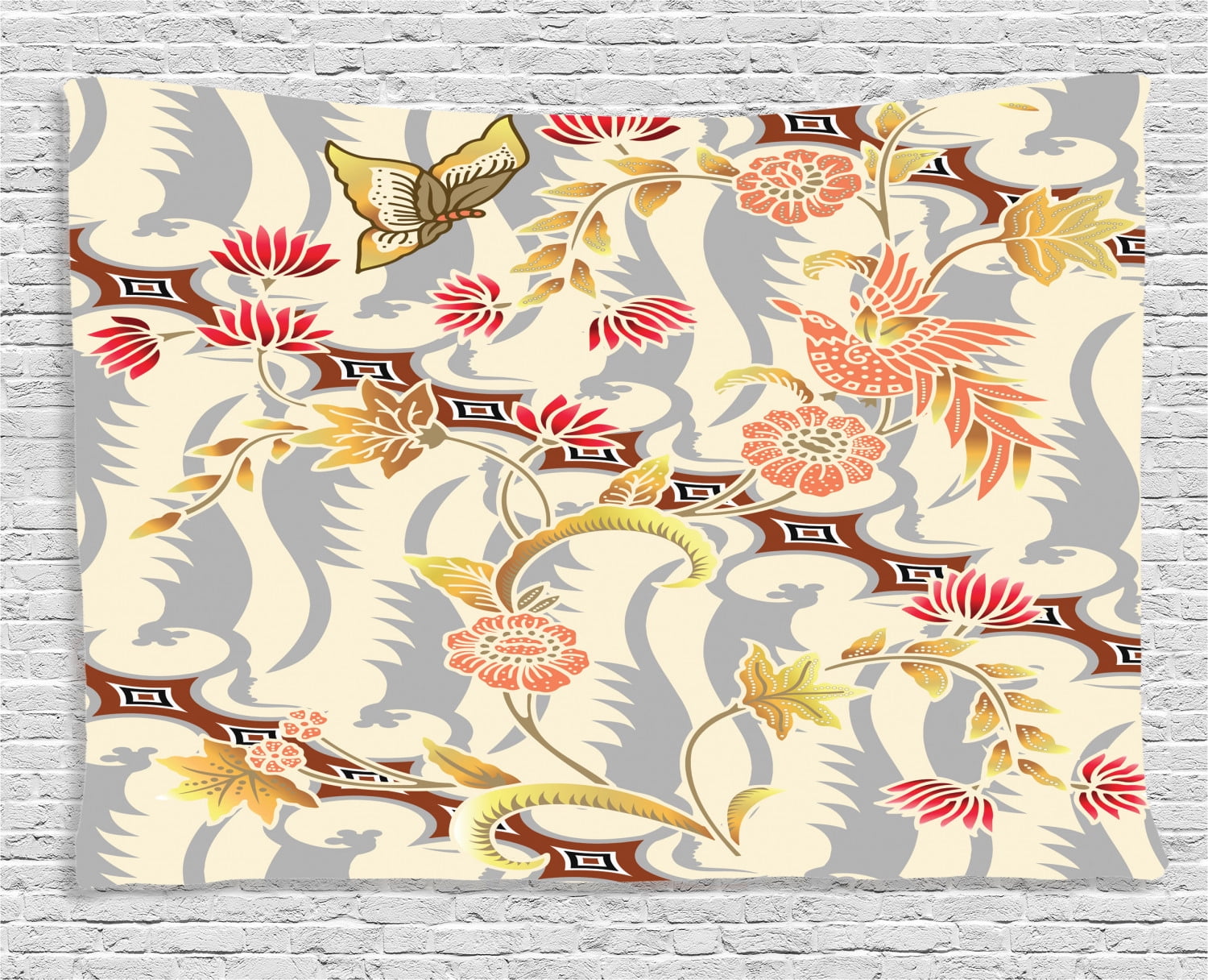 Batik Decor Tapestry, Japanese Garden Inspired Swirling Spring Flowers ...