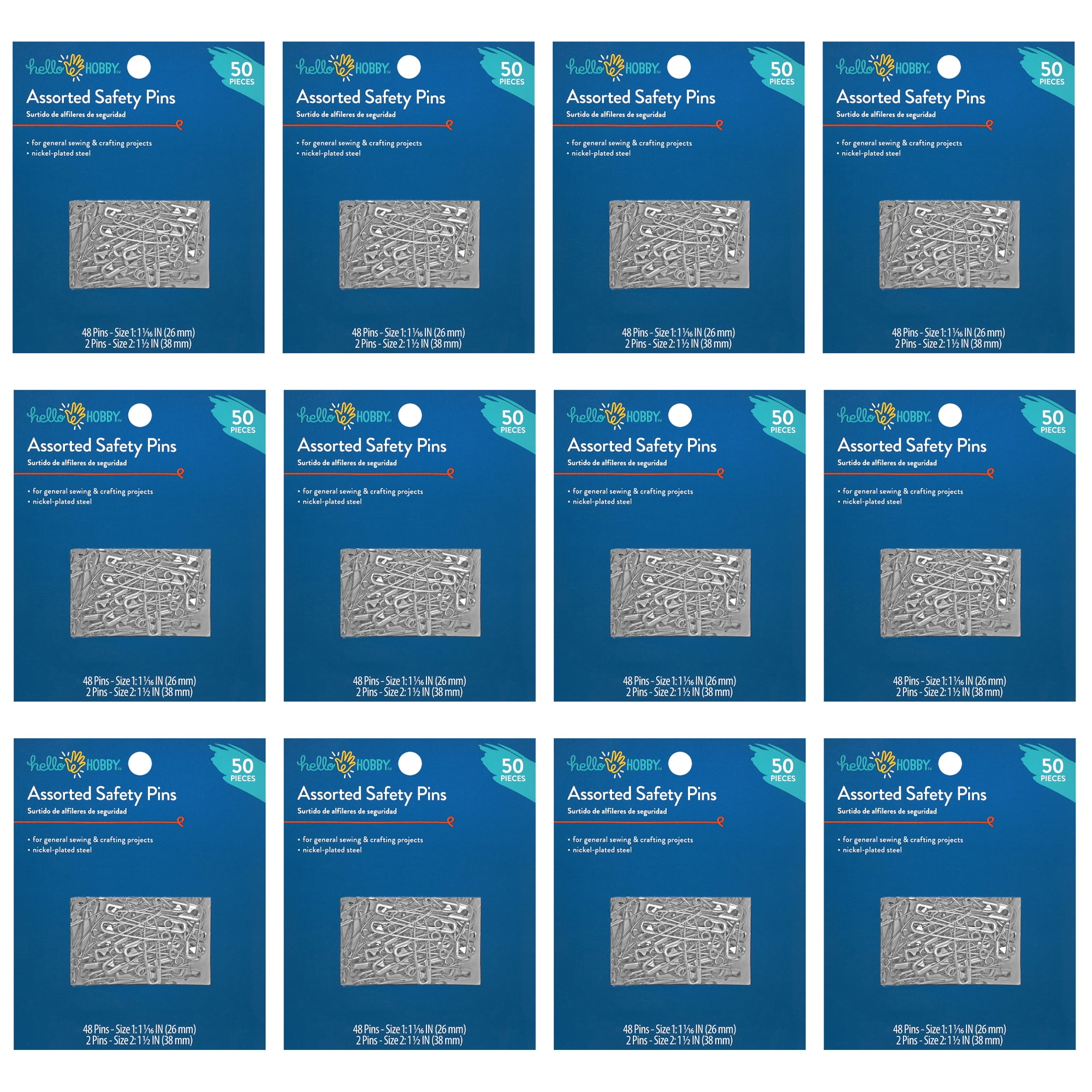 Hello Hobby Assorted Sized Safety Pins, Sizes 1 and 2, 12 Packs of 50 ...