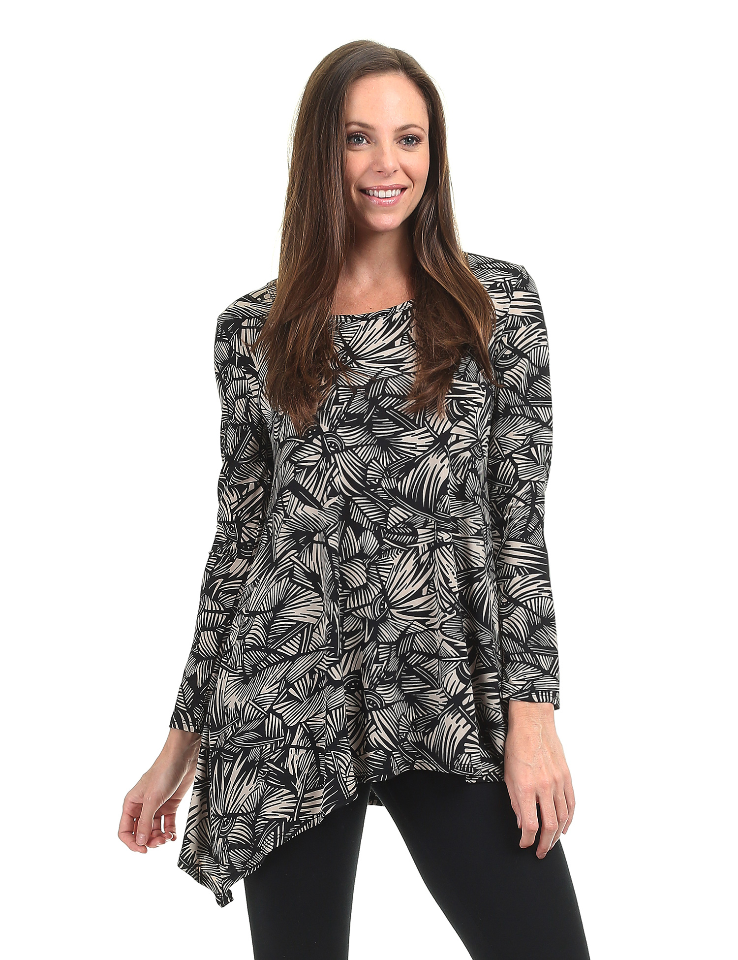 WT1345 Womens Print Long Sleeve Trapeze Tunic Top L Sharp_Taupe ...
