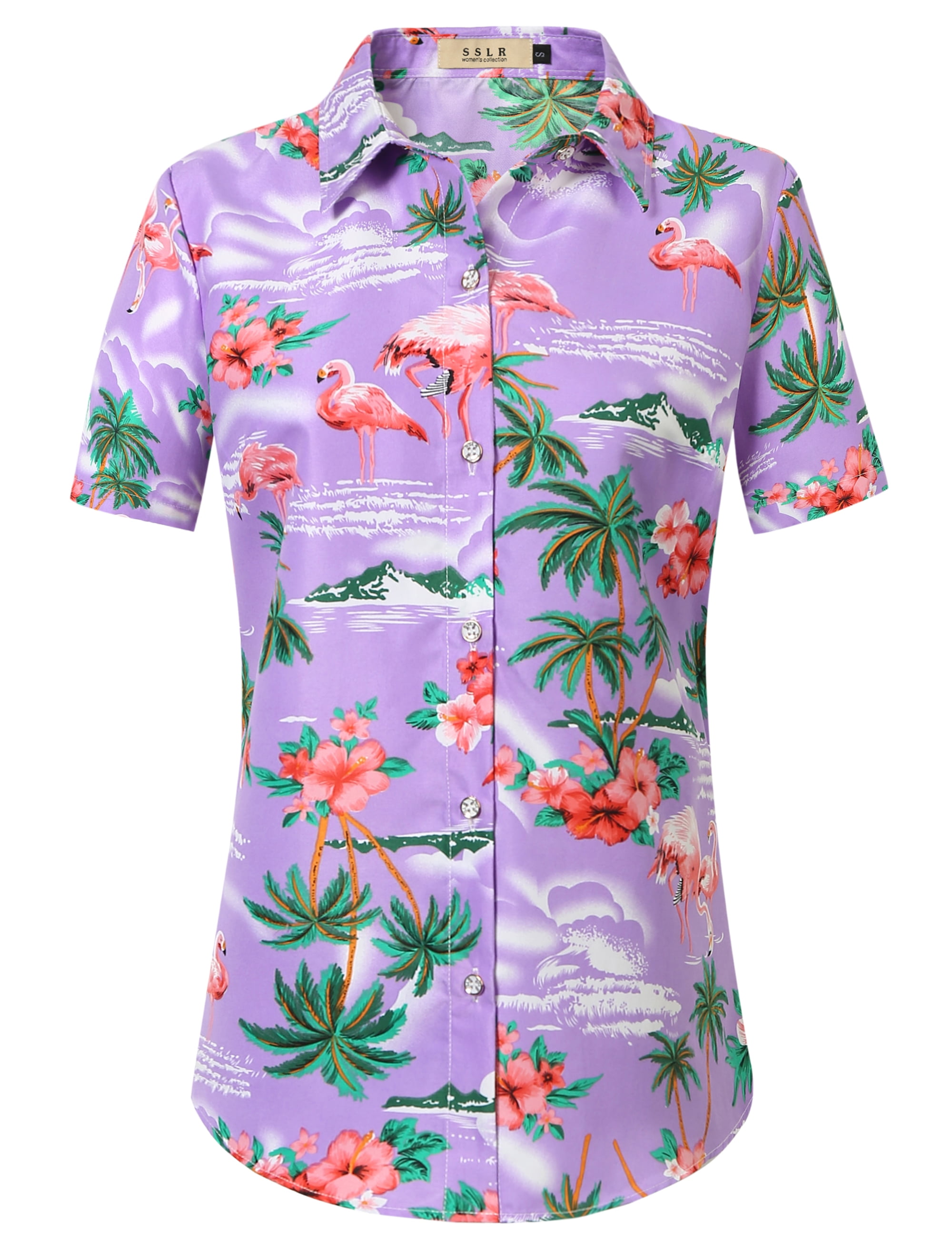 Sslr Hawaiian Shirt For Women Flamingo Short Sleeve Casual Button Down