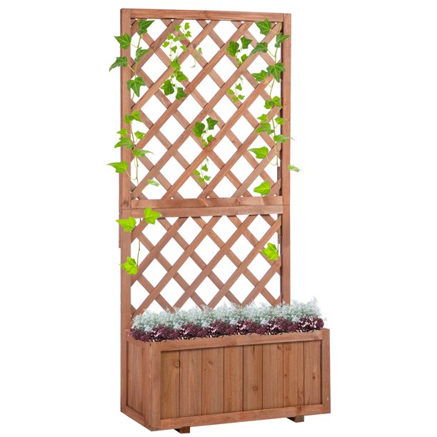 Outsunny 2.4x1x4.9ft Garden Wooden Pine Trough Planter with Trellis ...