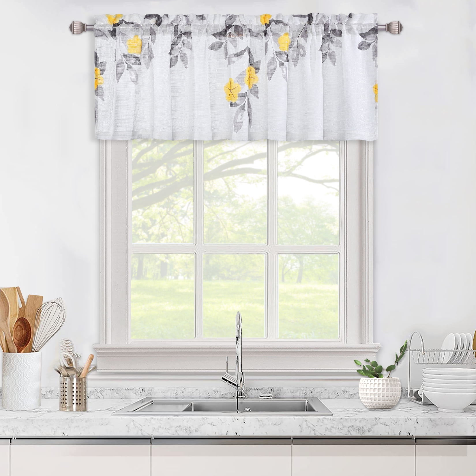 Yellow Floral Vine Print Valance for Kitchen and Living Room Windows ...