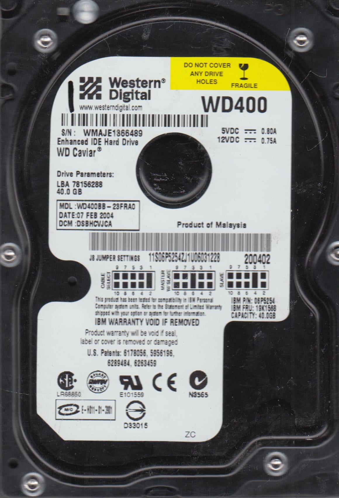 WD400BB-23FRA0, DCM DSBHCVJCA, Western Digital 40GB IDE 3.5 Hard Drive ...