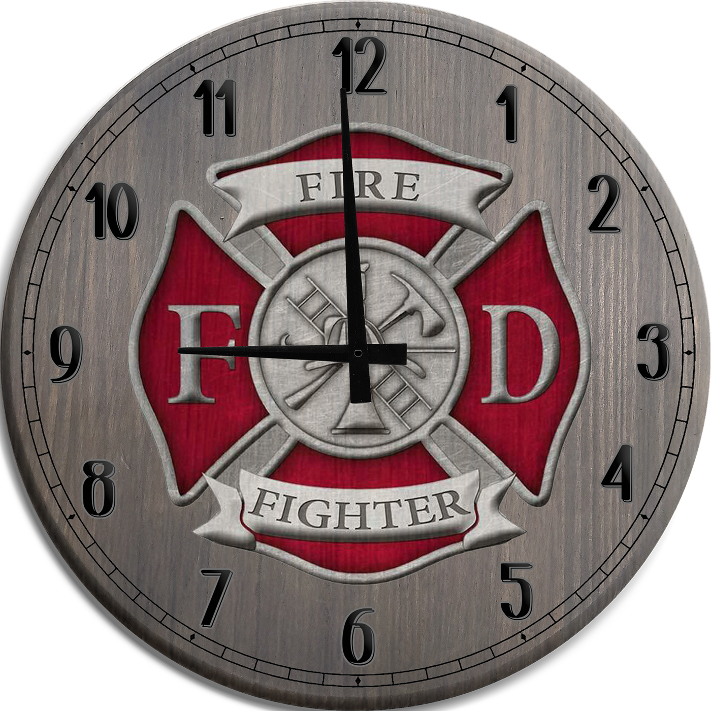 Large Wall Clock Fire Fighter Maltese Cross Red Silver Shield Man Cave ...