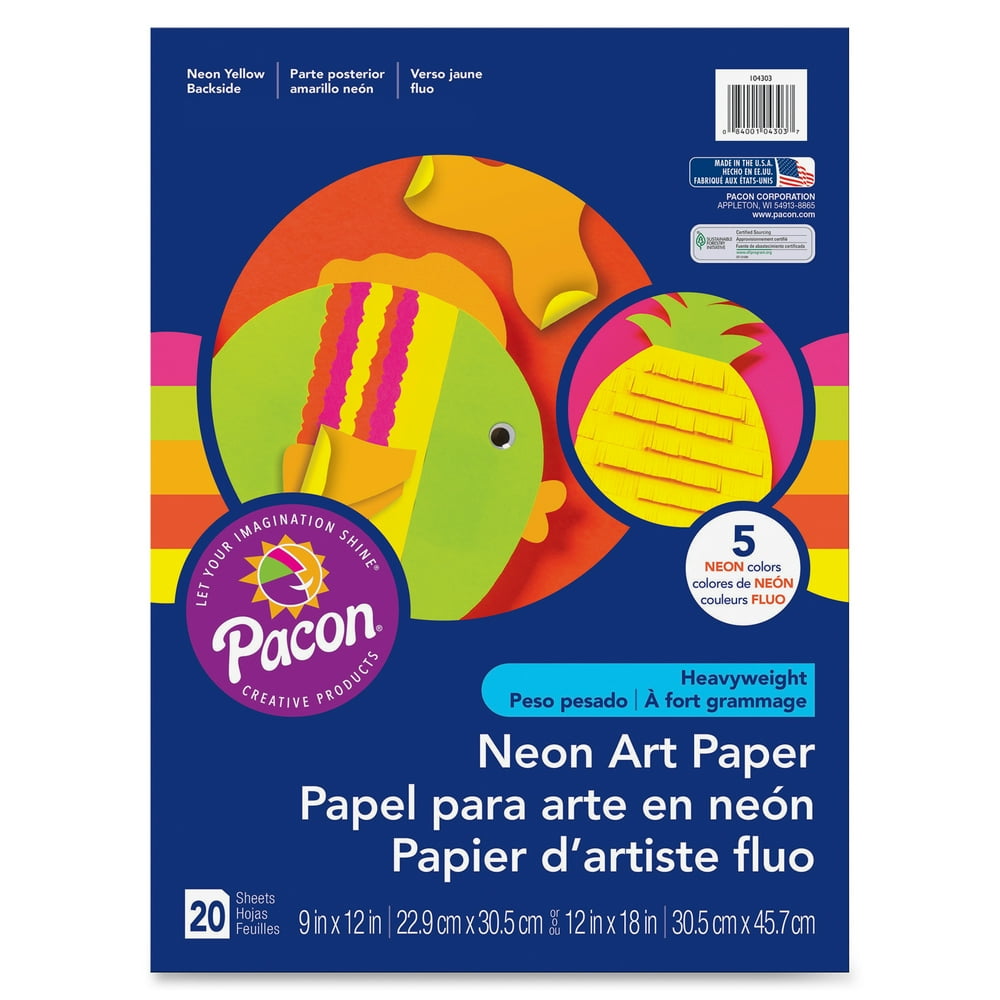 Pacon Neon Art Paper, 5 Assorted Colors, 12" x 18", 20 Sheets - Walmart ...