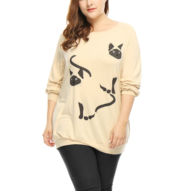 Unique Bargains Women's Plus Size Cats Print Raglan Sleeves Slouchy ...
