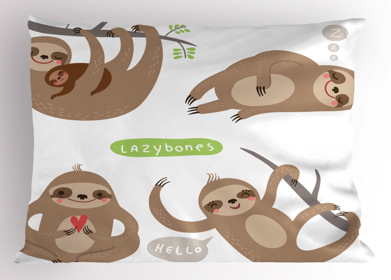 Sloth Pillow Sham Childish Collection of Funny Cute Lazy Sloths Hugging ...