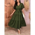Army Green Plus Size Solid V-Neck Wrap Dress With Ruffle Hem And Waist ...