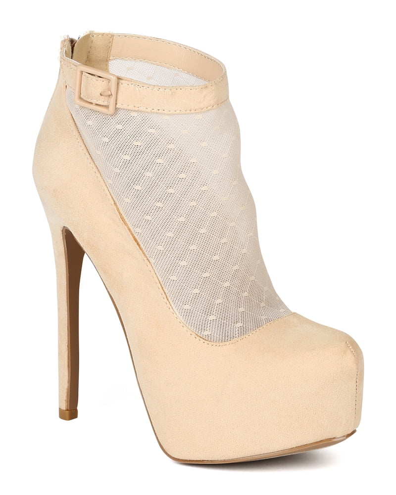 Qupid BC31 Women Suede Mesh Almond Toe Platform Stiletto Heel Bootie ...