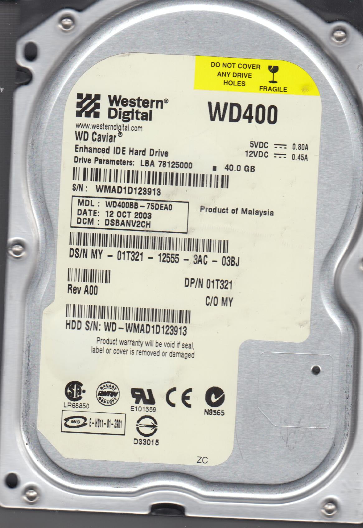 WD400BB-75DEA0, DCM DSBANV2CH, Western Digital 40GB IDE 3.5 Hard Drive ...