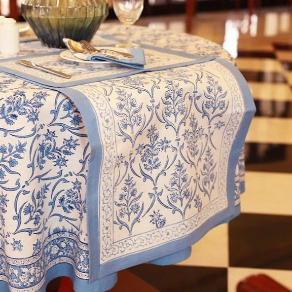New Era Creation Sage Green Hand Block Printed Cotton Round Tablecloth ...
