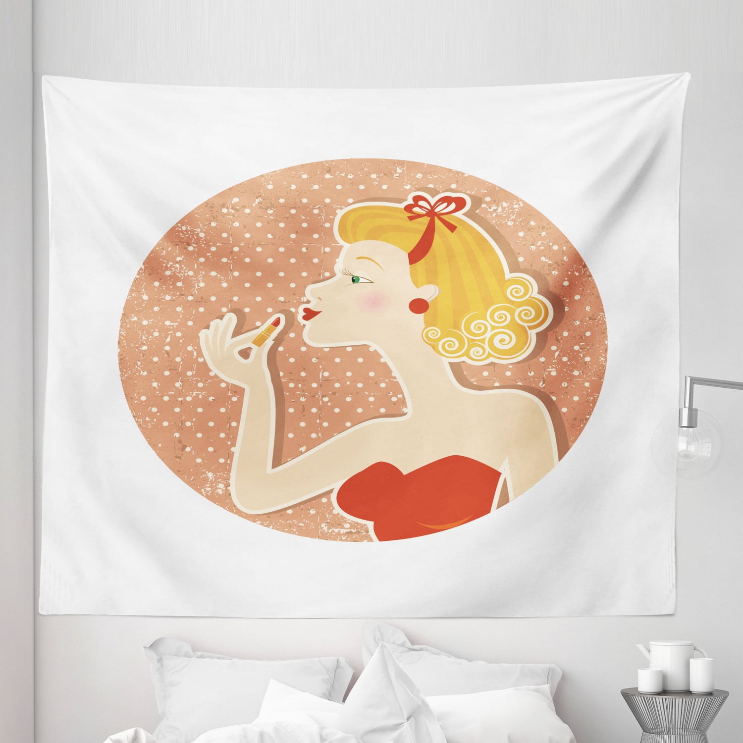 Vintage Woman Tapestry, Pin up Style Female Image Wearing Lipstick on ...