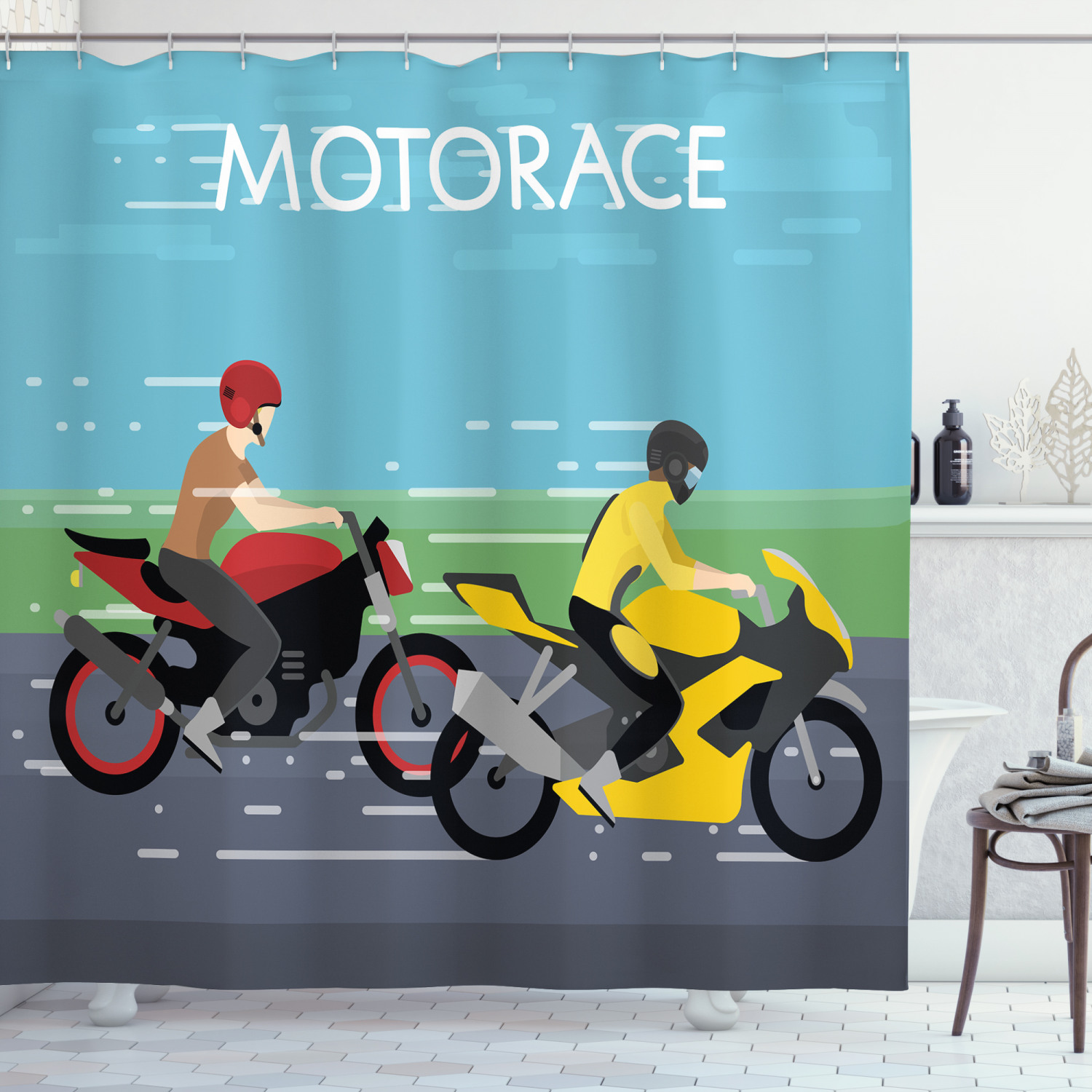 Ambesonne Motorcycle Shower Curtain, 2 Bikers Racing, 69"Wx84"L ...