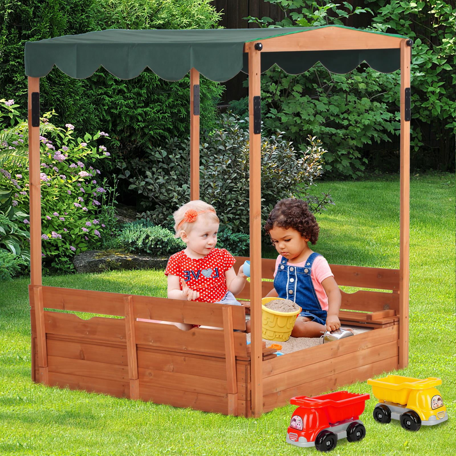 SamyoHome Kids Sandbox Square Wooden Sandbox With Canopy and Bench ...