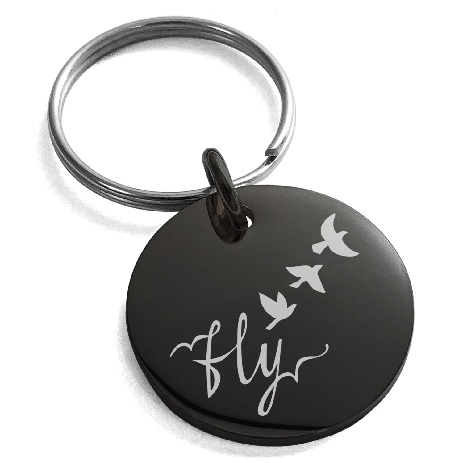Stainless Steel Fly Away Engraved Small Medallion Circle Charm Keychain ...