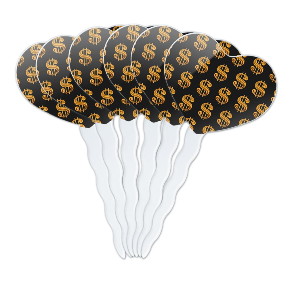Gold Dollar Sign Money Pattern Heart Love Cupcake Picks Toppers ...