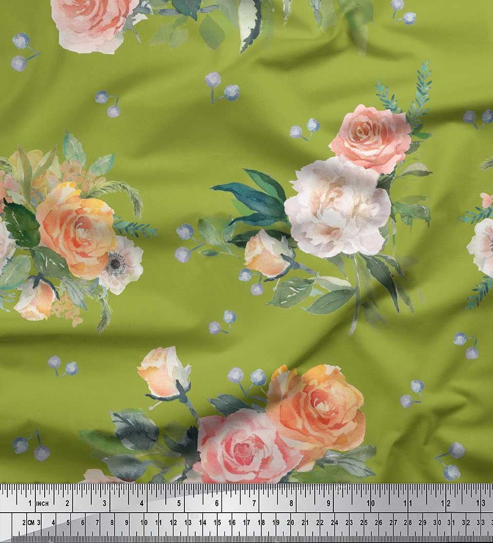 Soimoi Green Velvet Fabric Leaves & Begonia Floral Print Sewing Fabric ...