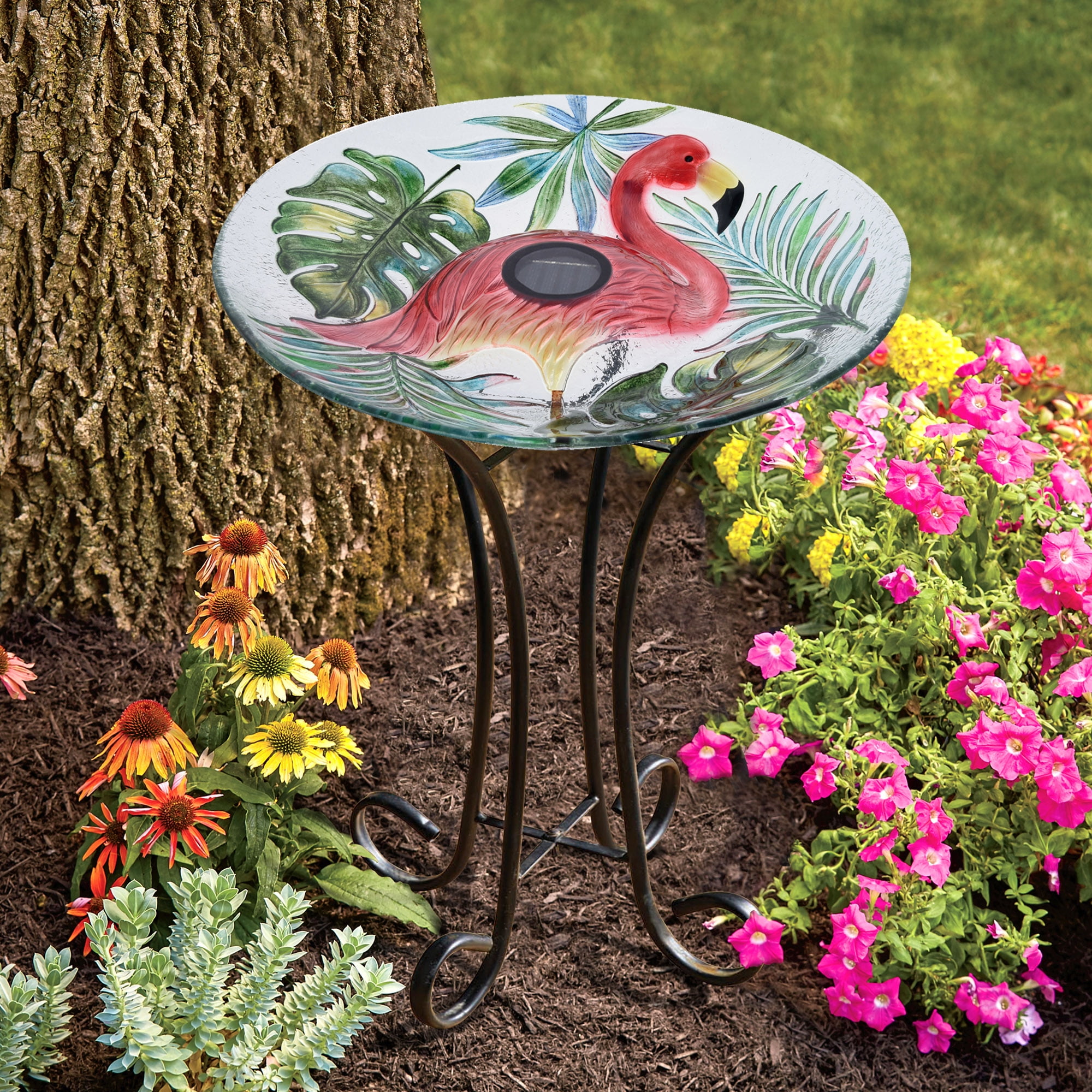 Hi-Line Gift Solar Led Verdant Glass Bird Bath with Stand - Flamingo ...