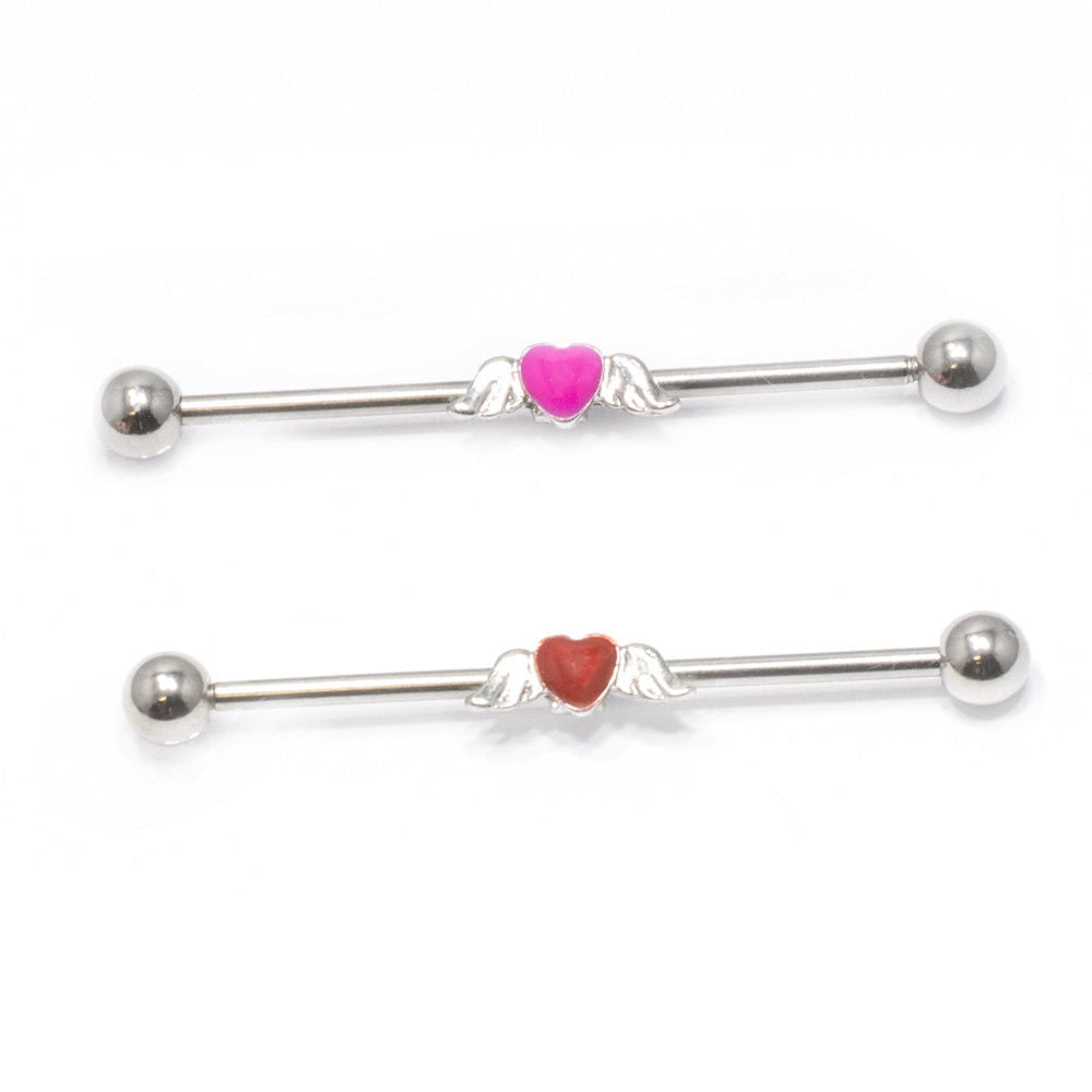 Industrial Piercing Barbell 14G with Red Heart and Angel Wings ...