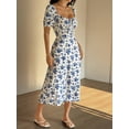 Blue And White Floral Print Square Neck Puff Sleeve Tie-Front Casual ...
