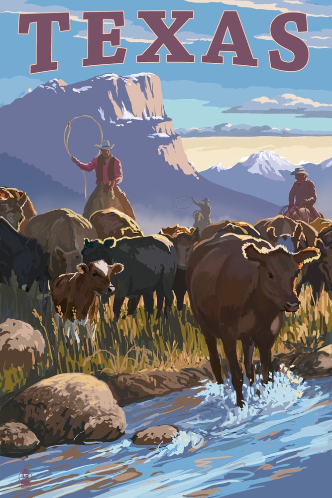 Texas, Cowboy Cattle Drive Scene (16x24 Giclee Gallery Art Print, Vivid ...